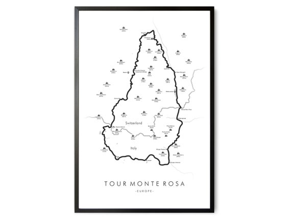 Tour Monte Rosa Map Tour Monte Rosa Poster Hiking Europe | Etsy