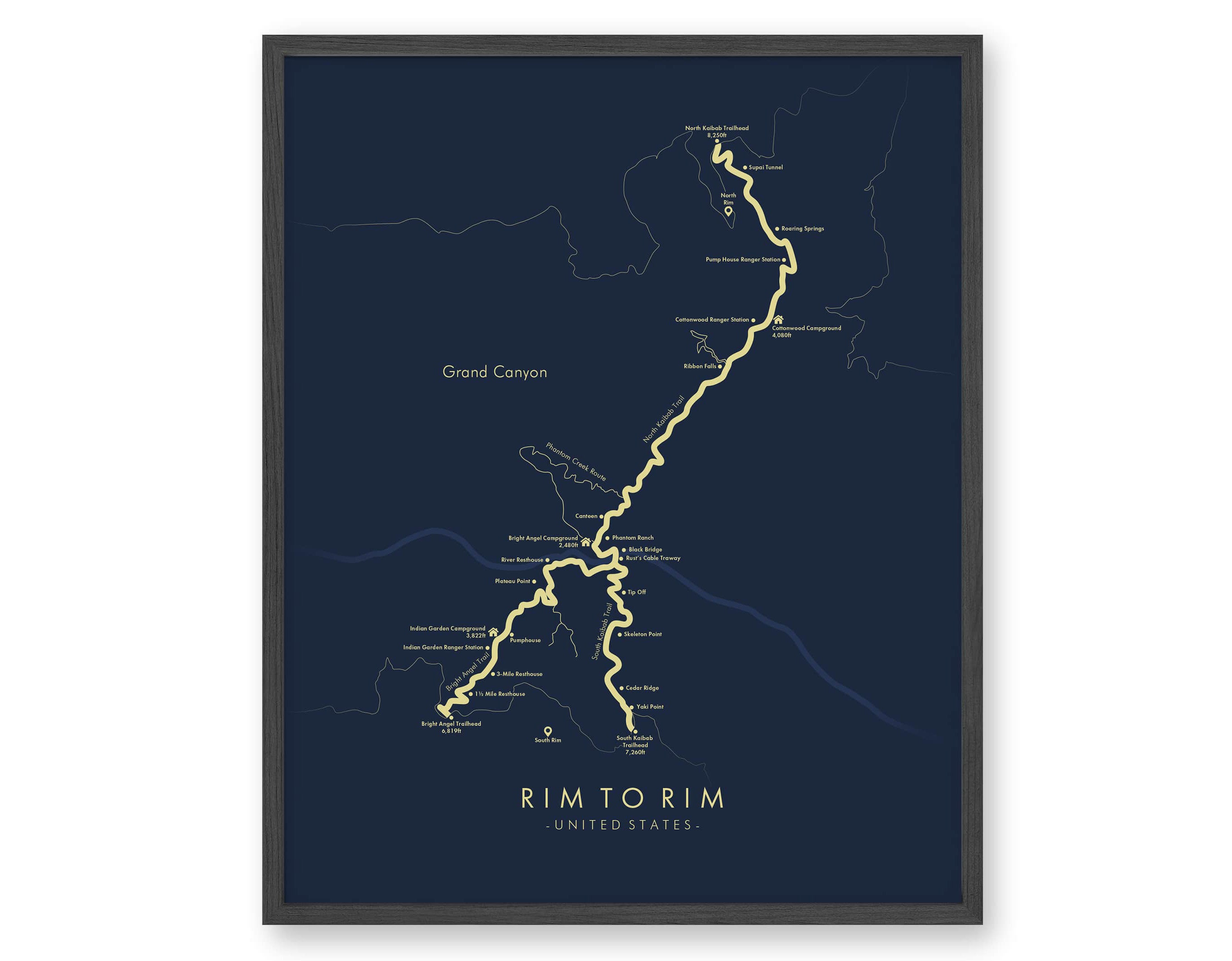 Rim to Rim Trail Map | Rim to Rim Hiking Trail Map | Rim to Rim Poster ...