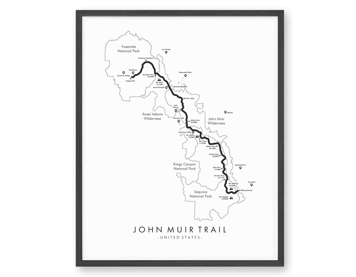 John Muir Trail Map JMT Hiking Trail Map JMT Poster John | Etsy