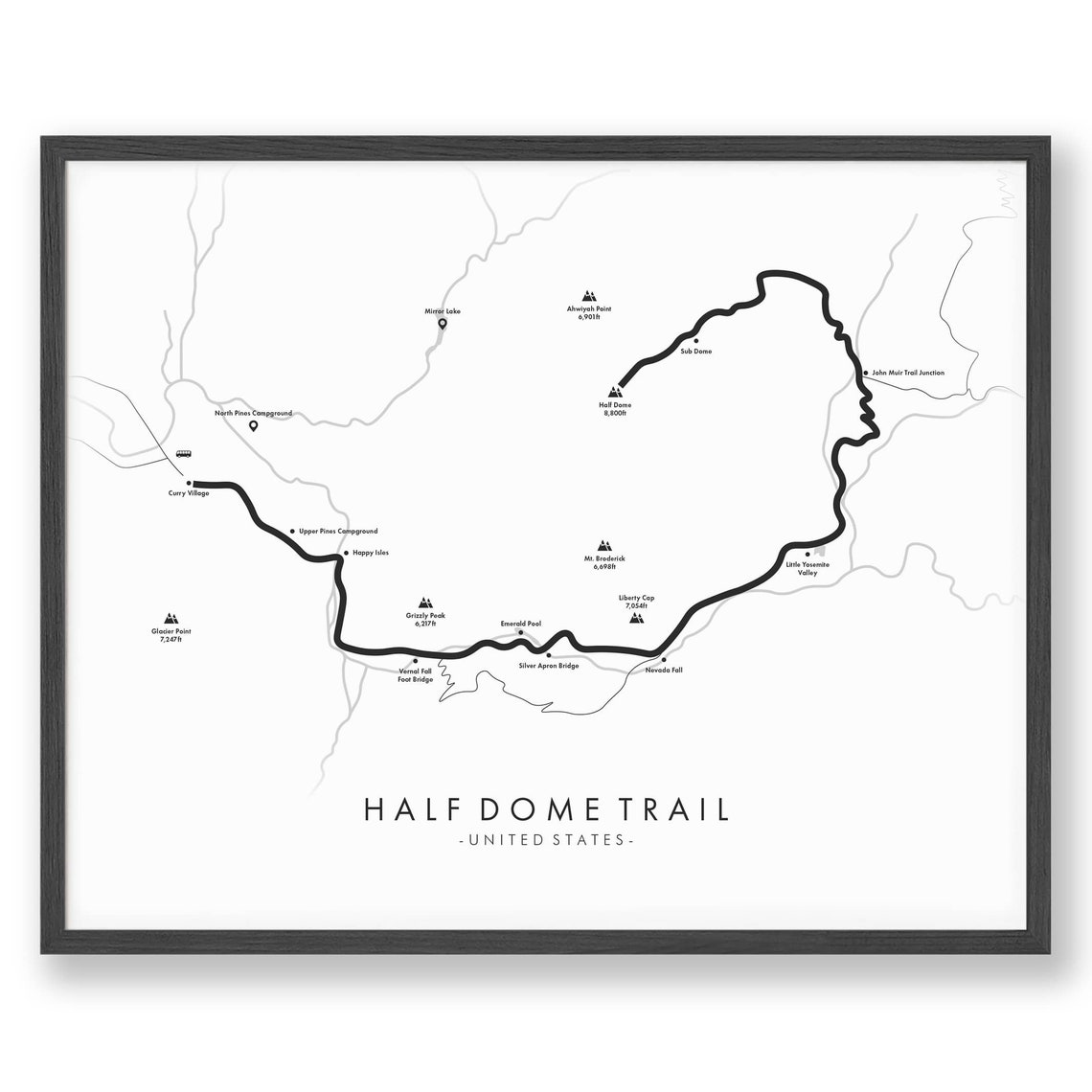 Half Dome Trail Map | Half Dome Trail Poster | Hike Yosemite National ...