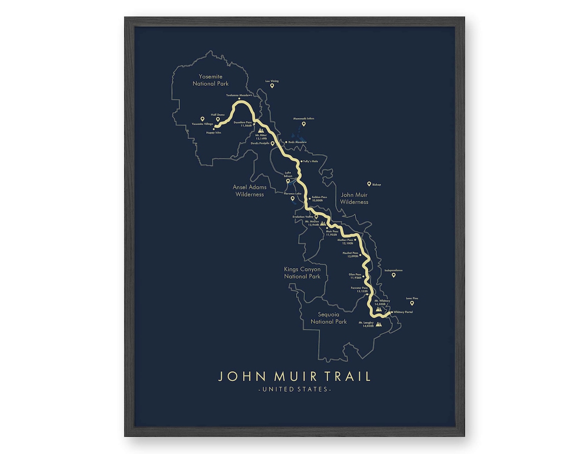 John Muir Trail Map JMT Hiking Trail Map JMT Poster John - Etsy