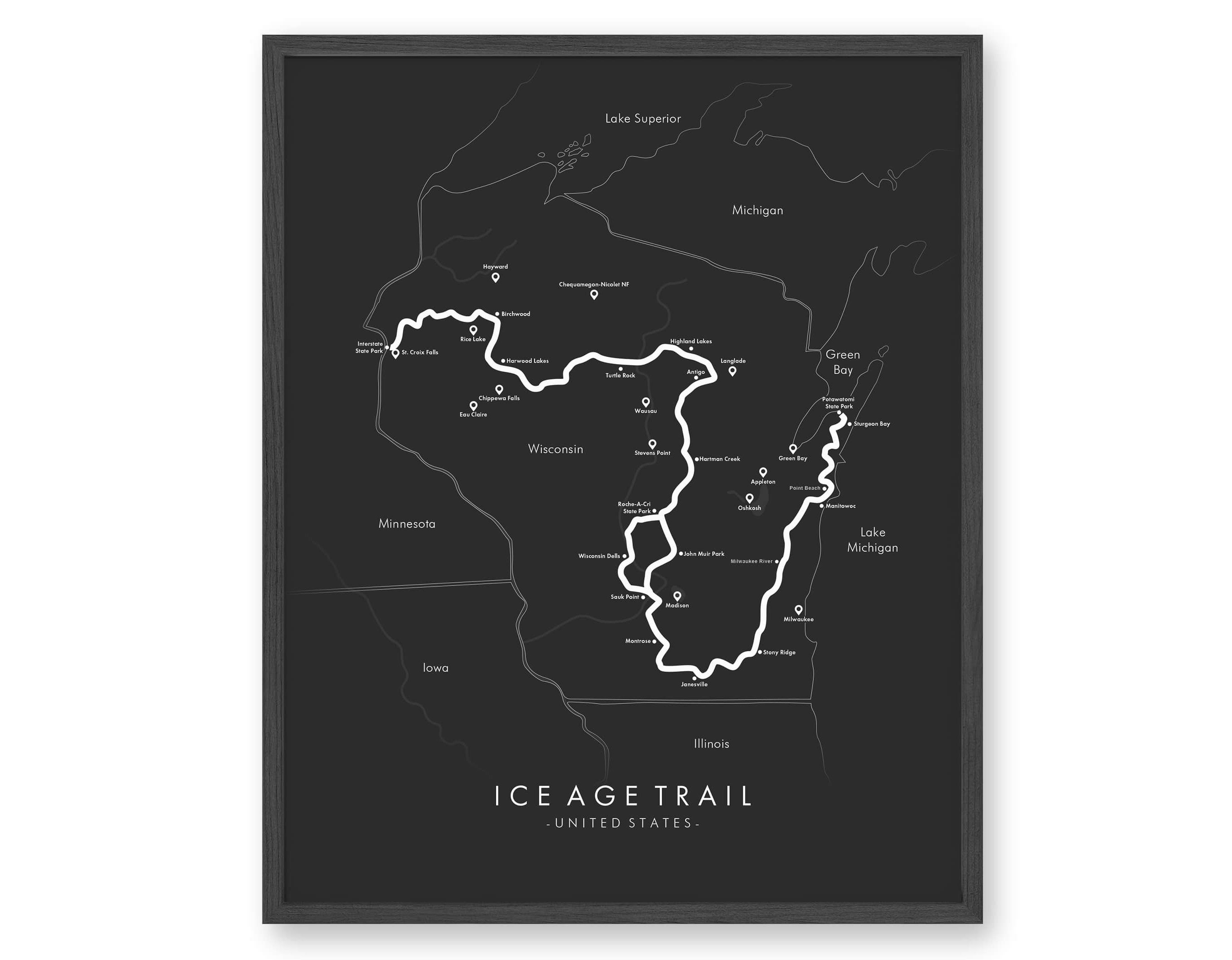 Ice Age Trail Map | Ice Age Hiking Trail Map | Ice Age Trail Poster ...