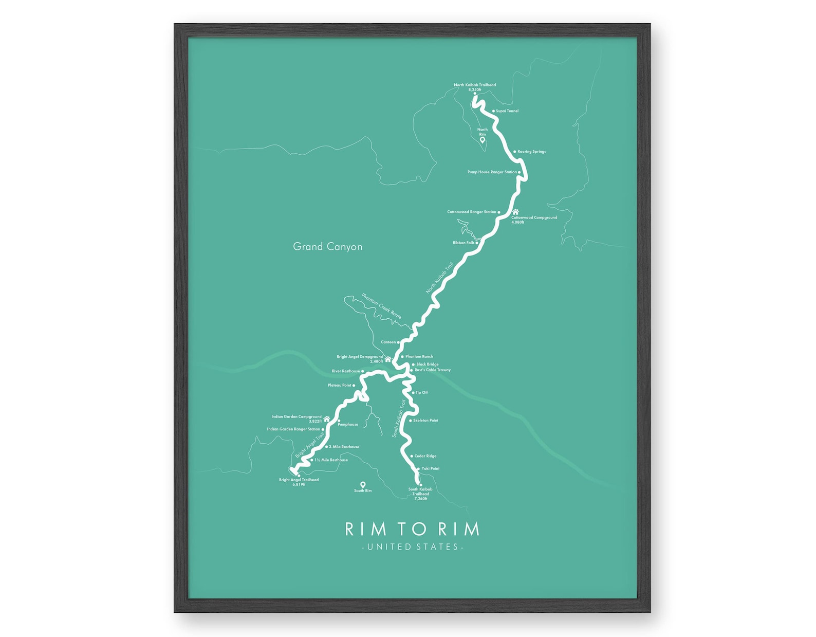 Rim to Rim Trail Map | Rim to Rim Hiking Trail Map | Rim to Rim Poster ...