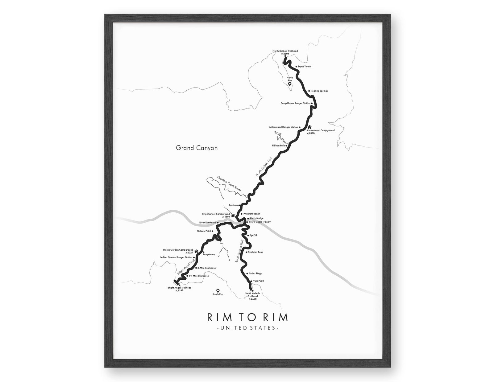 Rim to Rim Trail Map | Rim to Rim Hiking Trail Map | Rim to Rim Poster ...