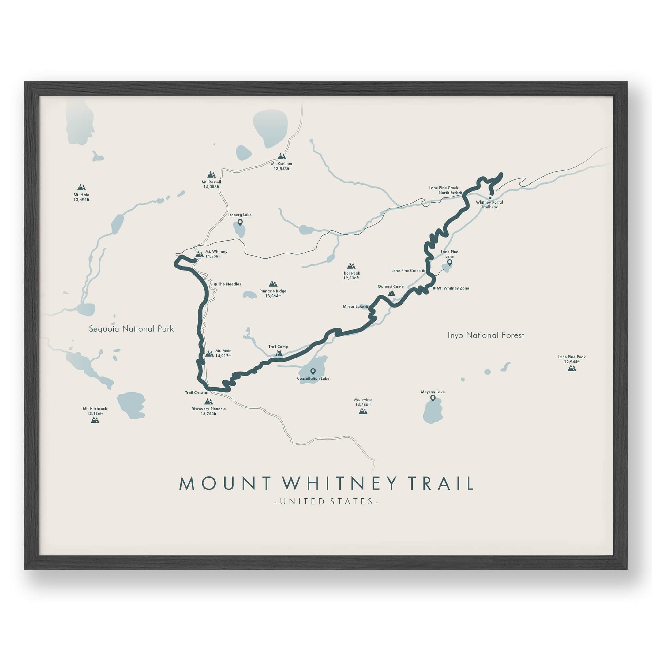 Mount Whitney Trail Map | Mount Whitney Trail Poster | Hiking USA ...