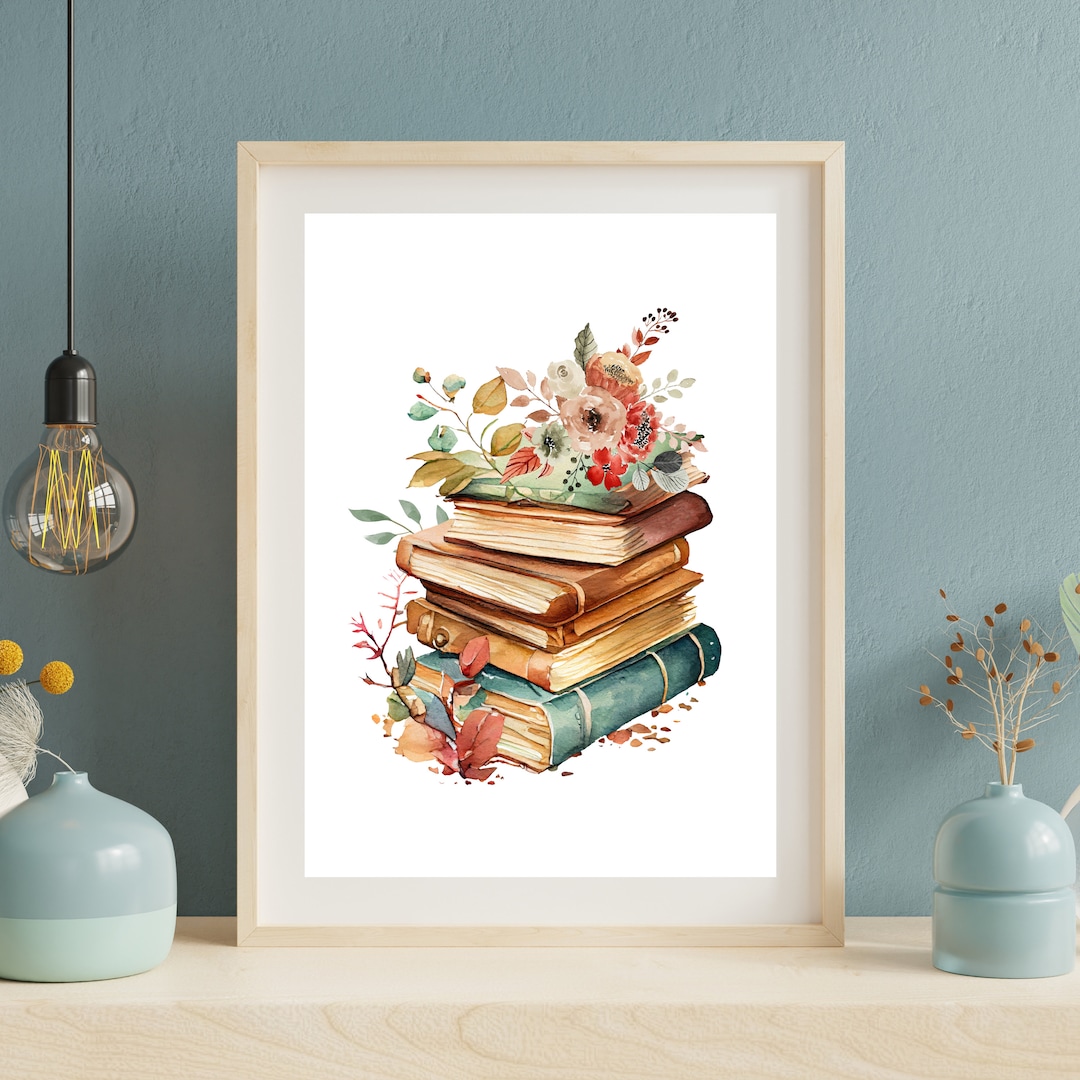 DIGITAL Book Wall Art, Floral Wall Art, Book Lovers Decor, Bookworm ...