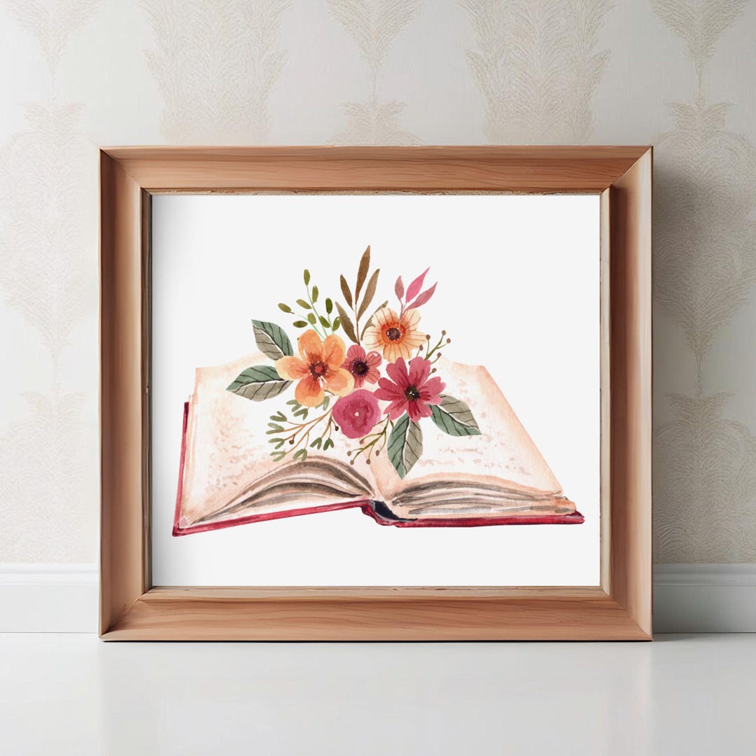 DIGITAL Book Wall Art, Floral Wall Art, Book Lovers Decor, Bookworm ...