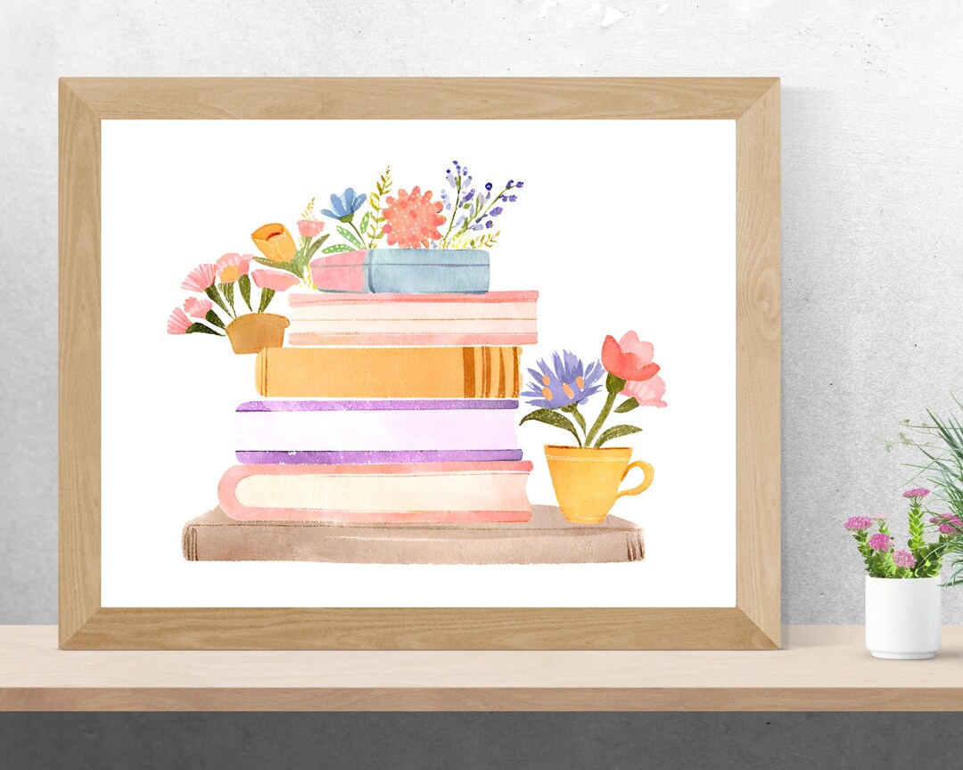 DIGITAL Book Wall Art, Floral Wall Art, Book Lovers Decor, Bookworm ...