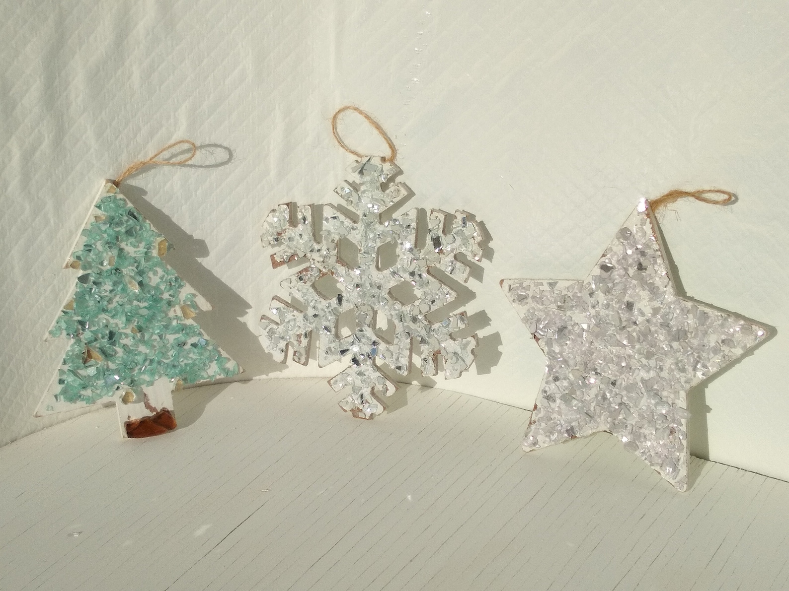 Set of 3 Broken Colored Glass Christmas Ornaments, Green Tree, White ...
