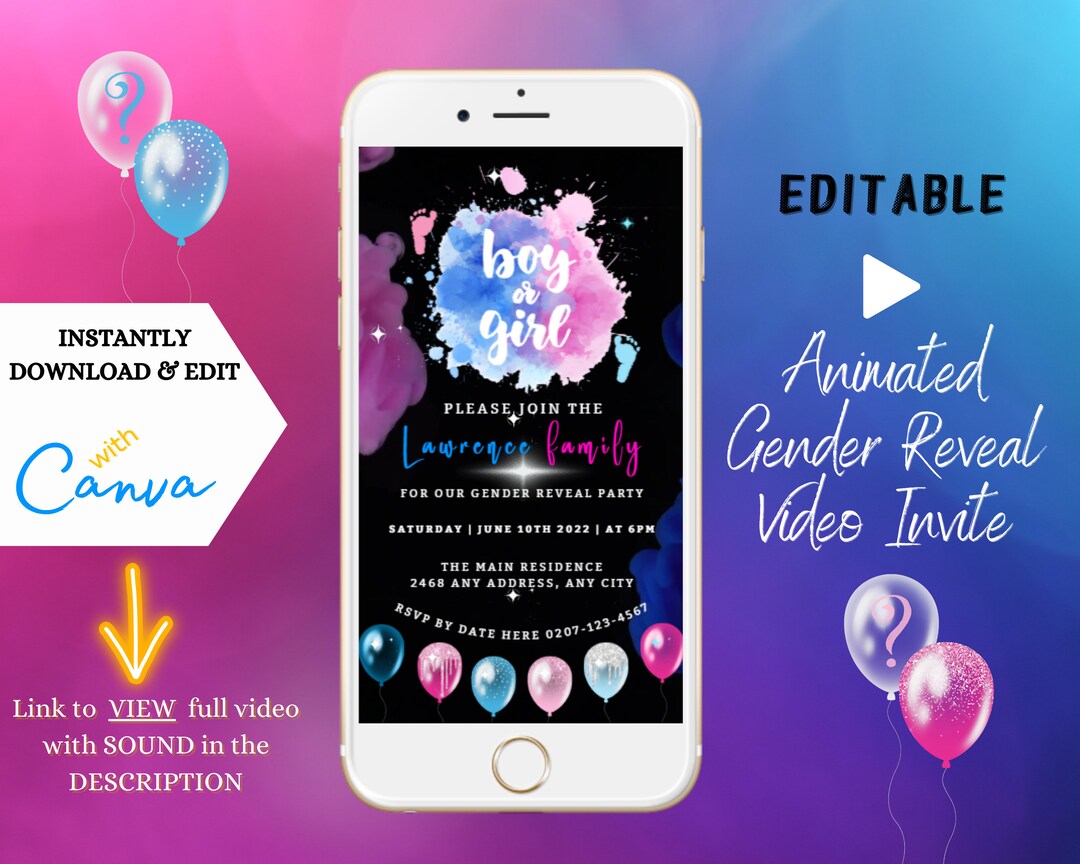 Animated Digital Gender Reveal Video Invitation, Baby Shower Gender ...