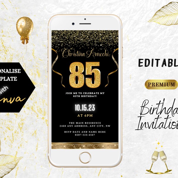 Black and Gold 85th Birthday Invitations - Etsy