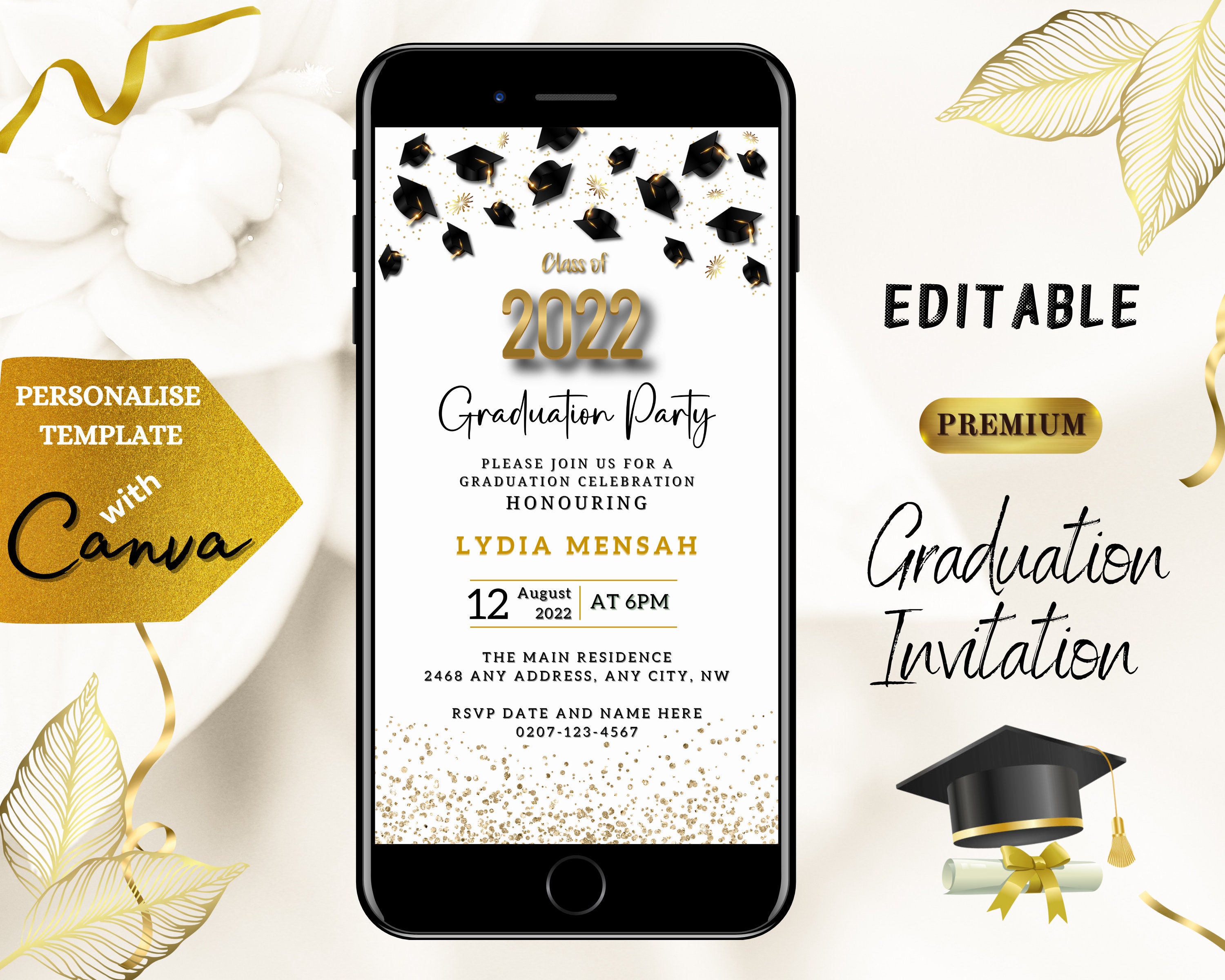 White Gold Editable Digital Graduation Invitation Graduate | Etsy