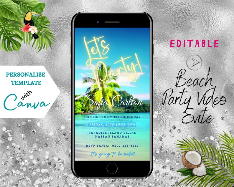 Animated Digital Beach Party Invitation Tropical Editable | Etsy