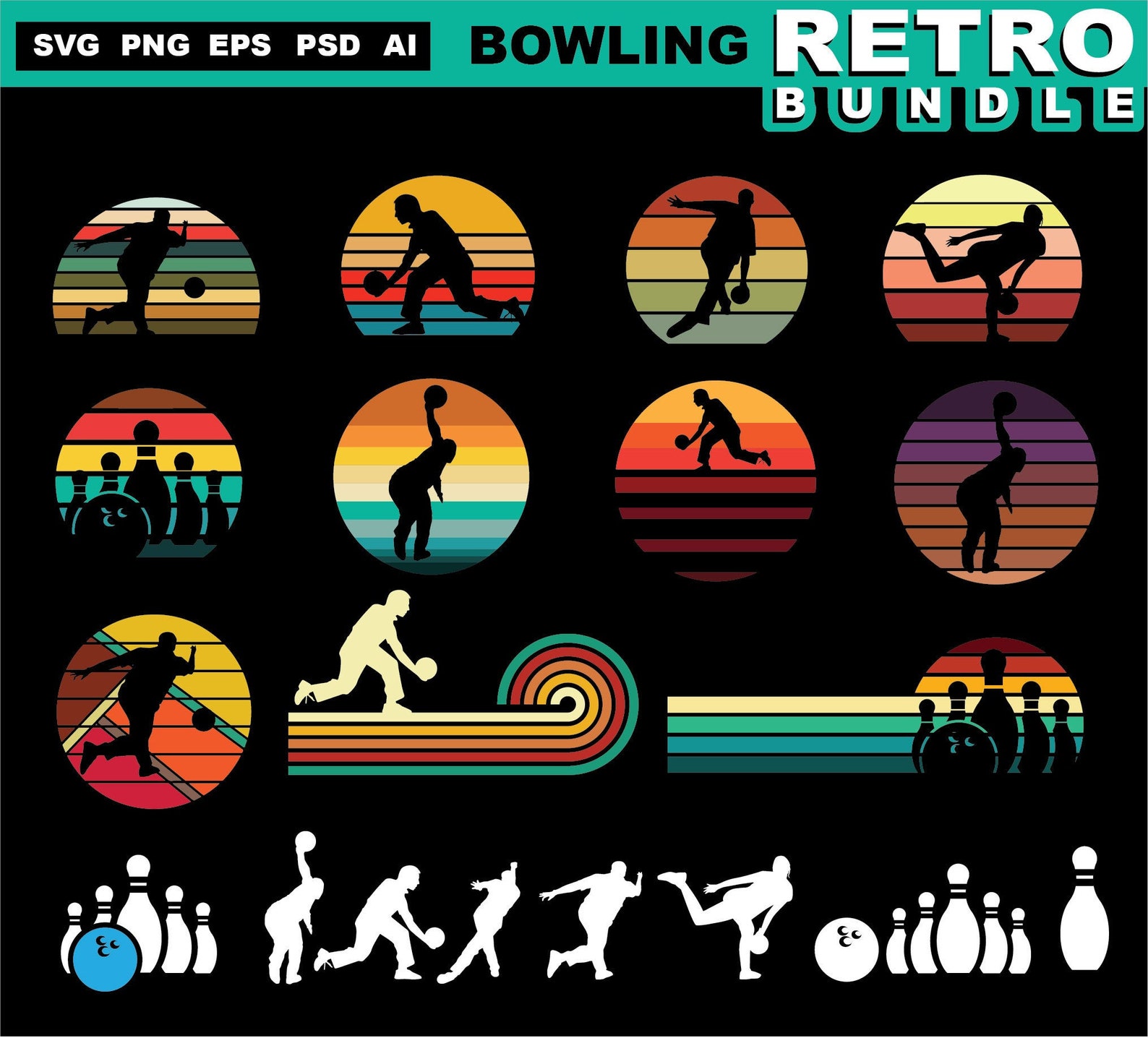 Bowling Svg File RETRO BUNDLE ART Collection Vintage Bowling | Etsy