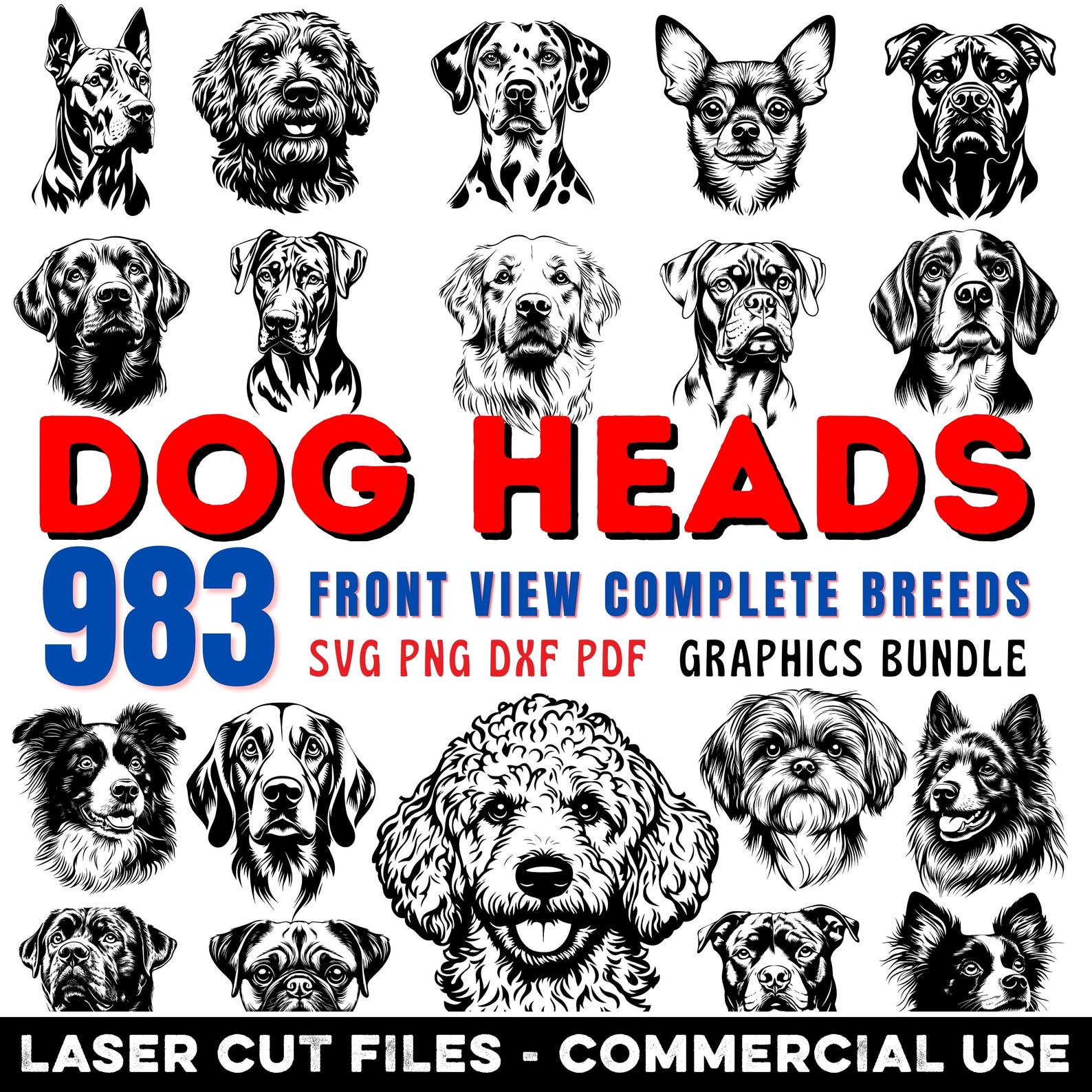 Dog Breed Laser Cut Files | Front View Dog Heads | Complete Dog Breeds ...