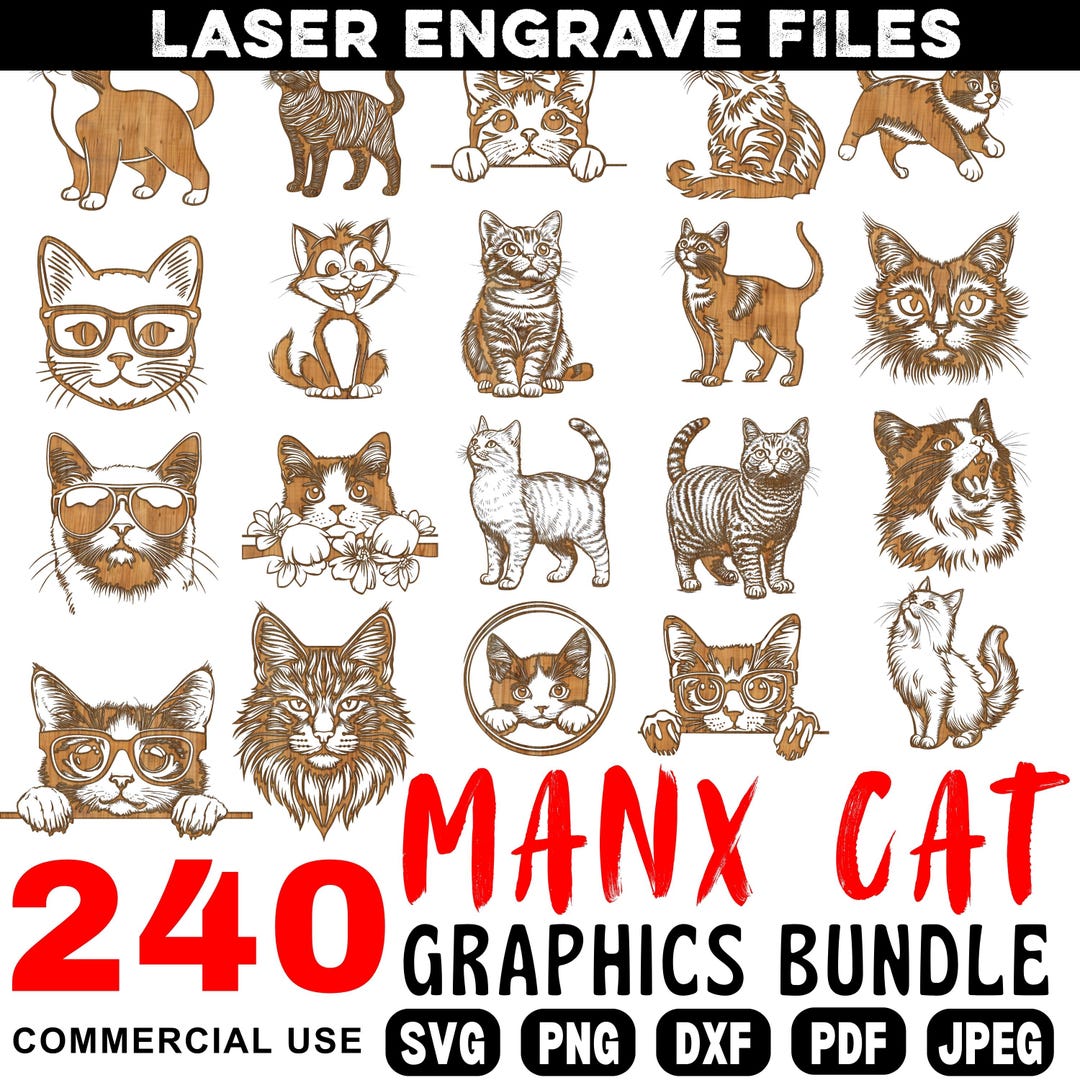 Manx Cat Laser Engraving Files SVG DXF Art Bundle Manx Cat Glowforge ...