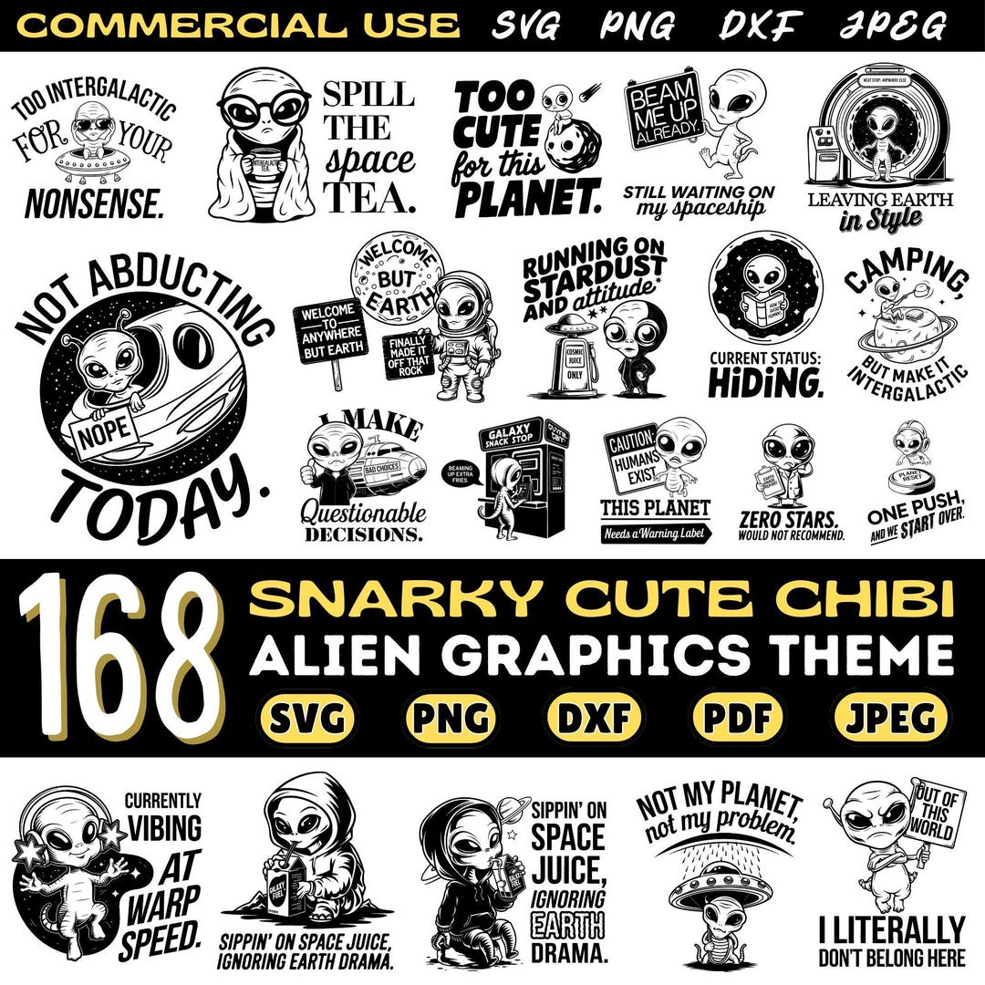 Snarky Cute Chibi Alien DXF Bundle | Funny Extraterrestrial Laser Cut ...