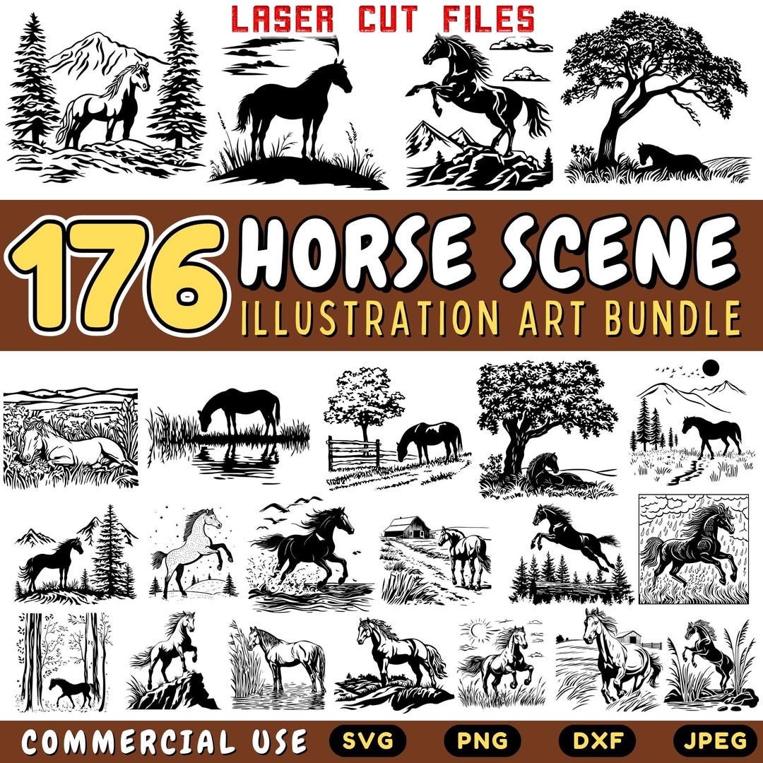 Horse Scene Illustration Laser Cut Files | Scenic Horse DXF Bundle ...