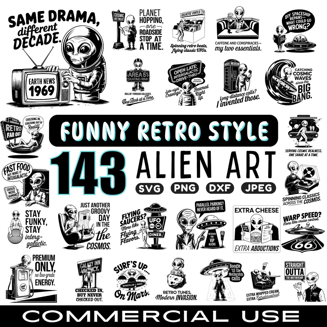 Retro Alien Art Laser Cut Files | Vintage Extraterrestrial DXF Bundle ...