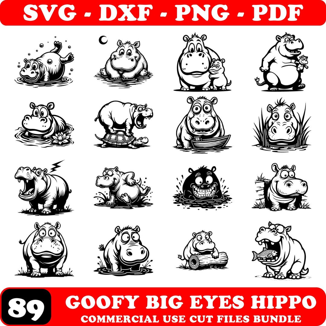 Goofy Big Eyes Hippo Svg Png Pdf & Dxf Bundle – Adorable Funny ...