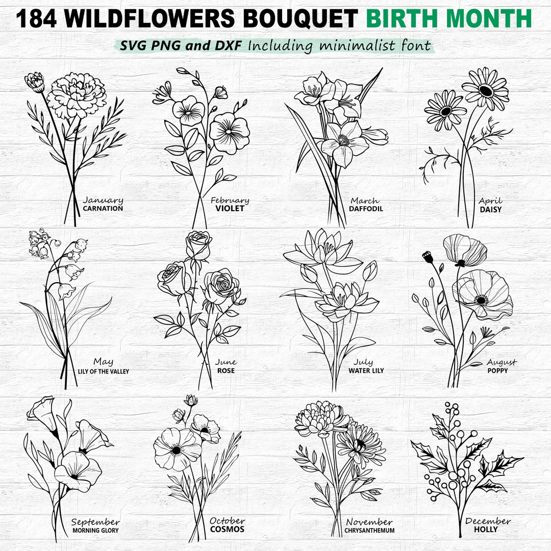 Birth Month Wildflowers SVG Bundle, 12 Monthly Botanical Flower Bouquet ...