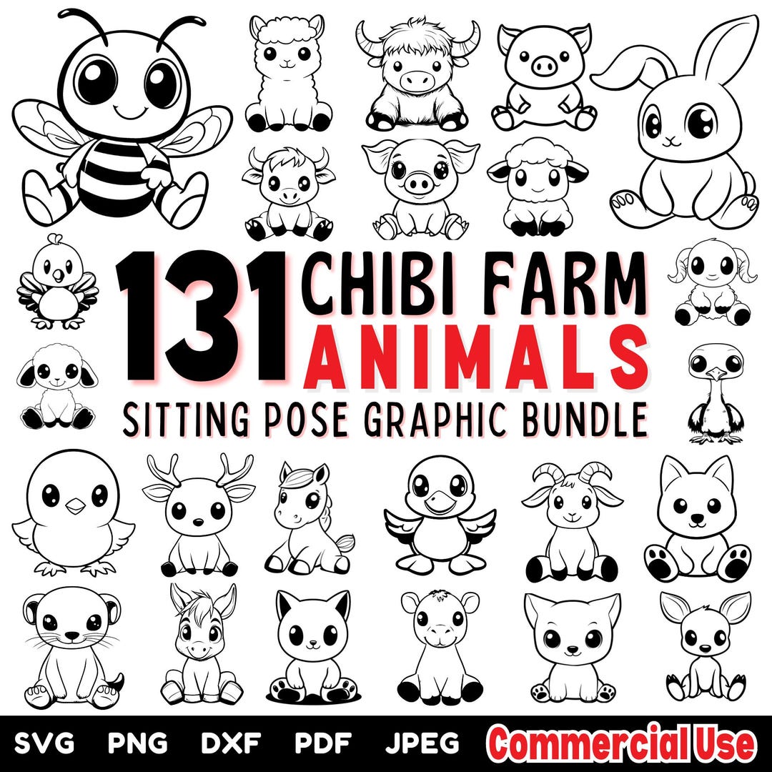 Chibi Farm Animals Sitting Pose Cute Graphic Files Design Bundle Svg ...