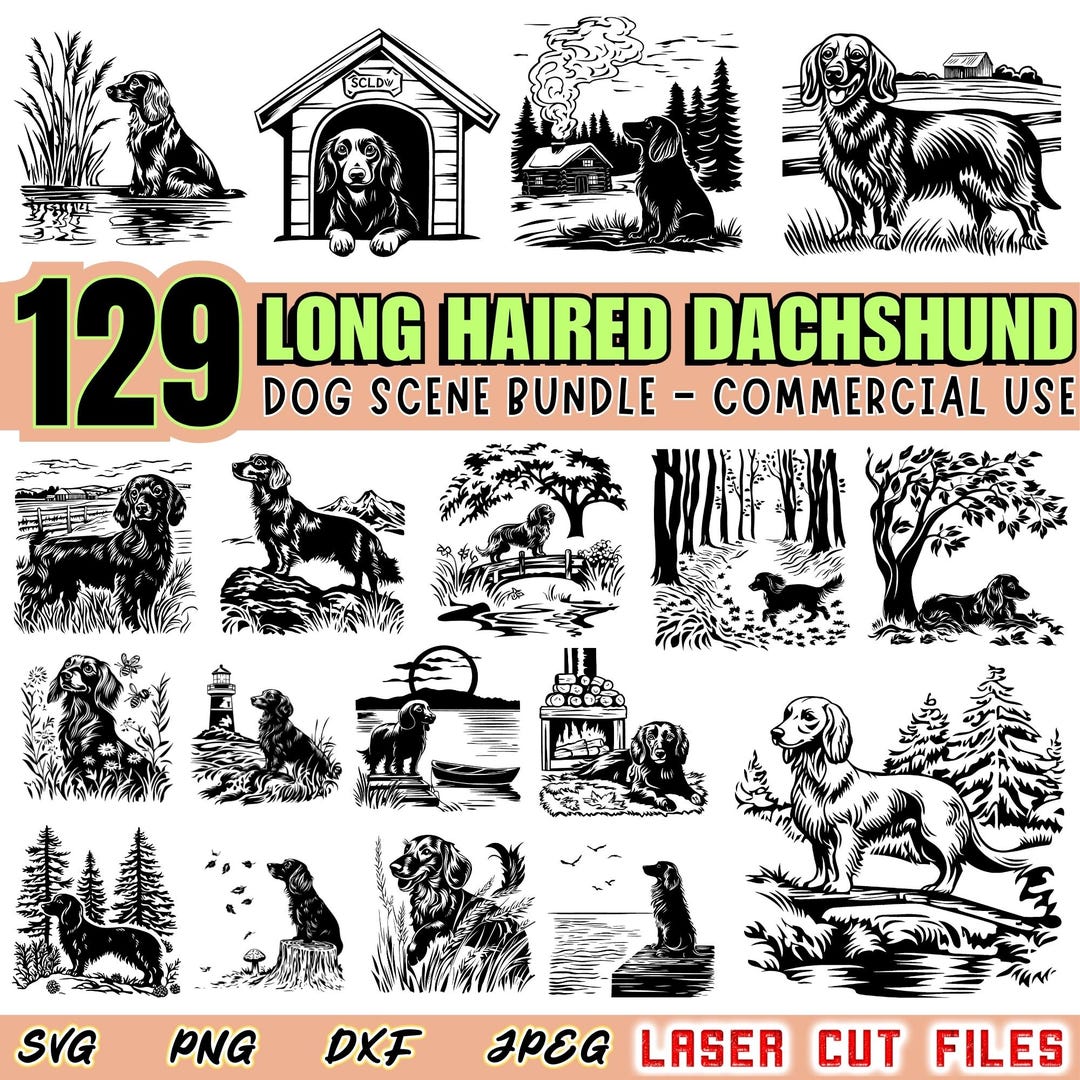 Long Haired Dachshund Scene Laser Cut Files | Dog Silhouette DXF Bundle ...