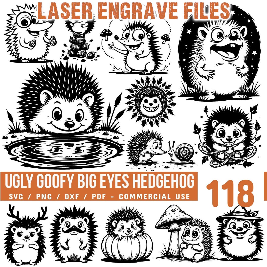 Laser Engrave Files Ugly Goofy Big Eyes Hedgehog Svg Png Pdf Dxf Bundle ...