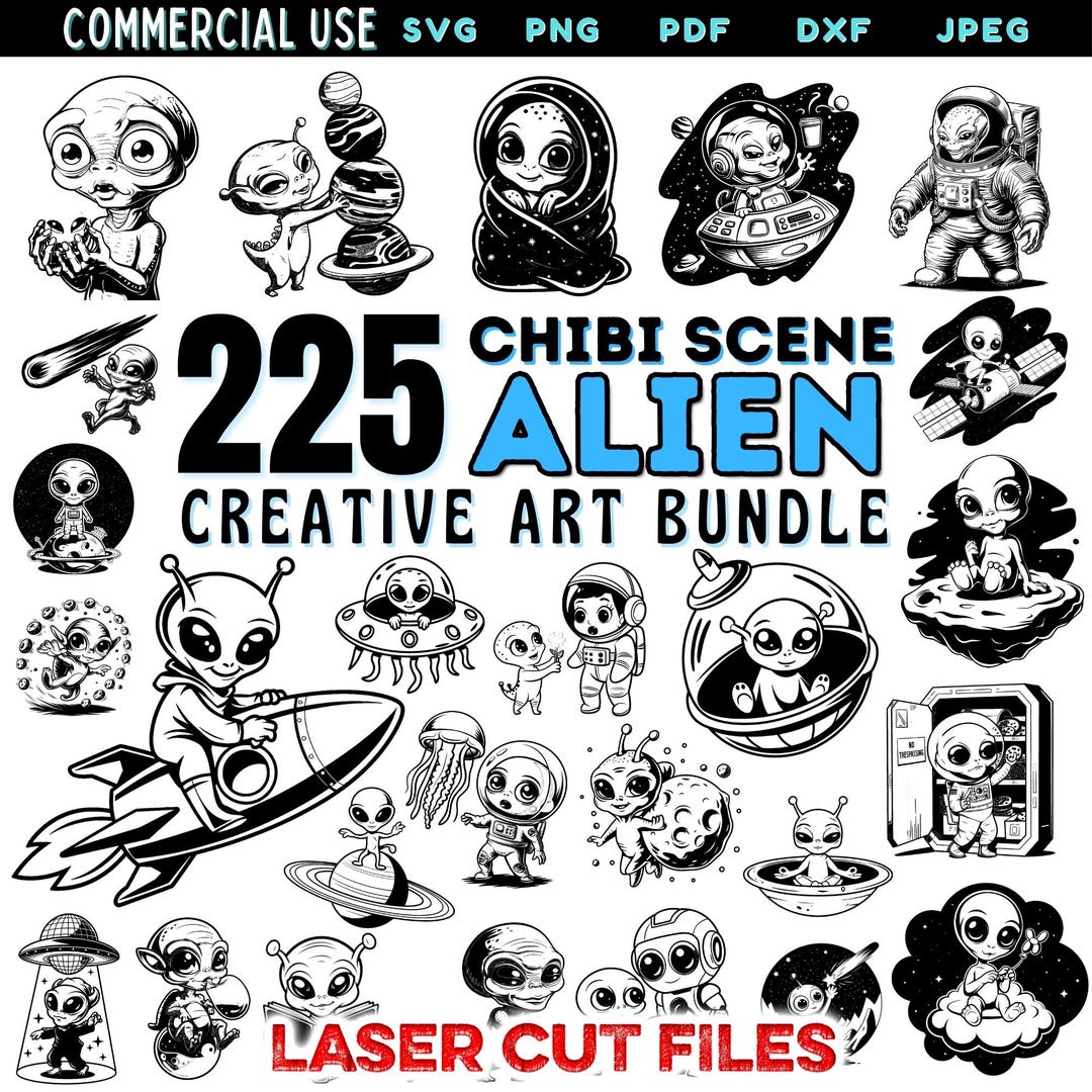 Chibi Alien Scene Laser Cut Files | Extraterrestrial Vector Art | UFO ...