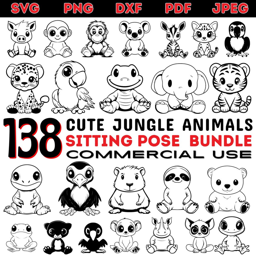 Chibi Jungle Animals Sitting Pose Svg Dxf Png Pdf Jpeg Bundle Instant ...