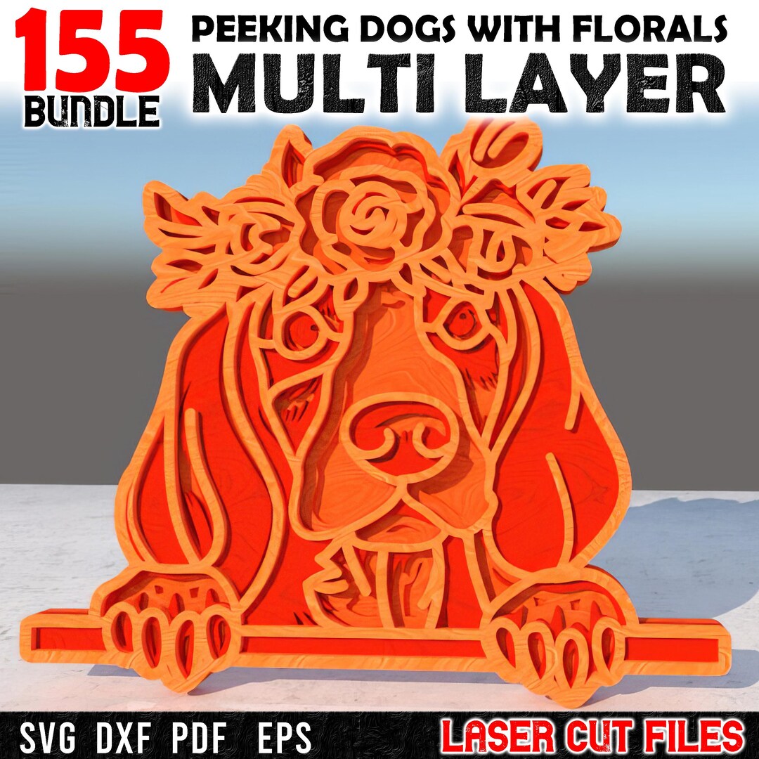155 Multi Layer Laser Cut Files Peeking Dogs With Floral All Breeds Dxf ...
