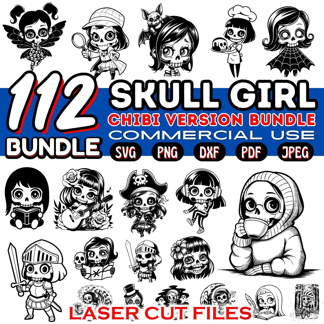 Chibi Skull Girl Laser Cut Files | Cute Skull Girl DXF Bundle Kawaii ...