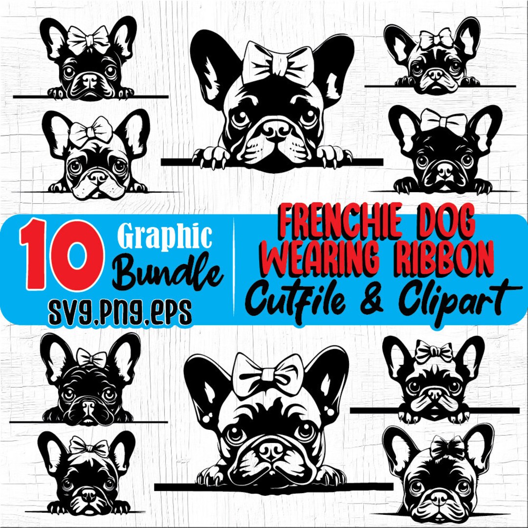 Cute Peeking French Bulldog or Frenchie Dog Art Wearing Ribbon Dog or ...