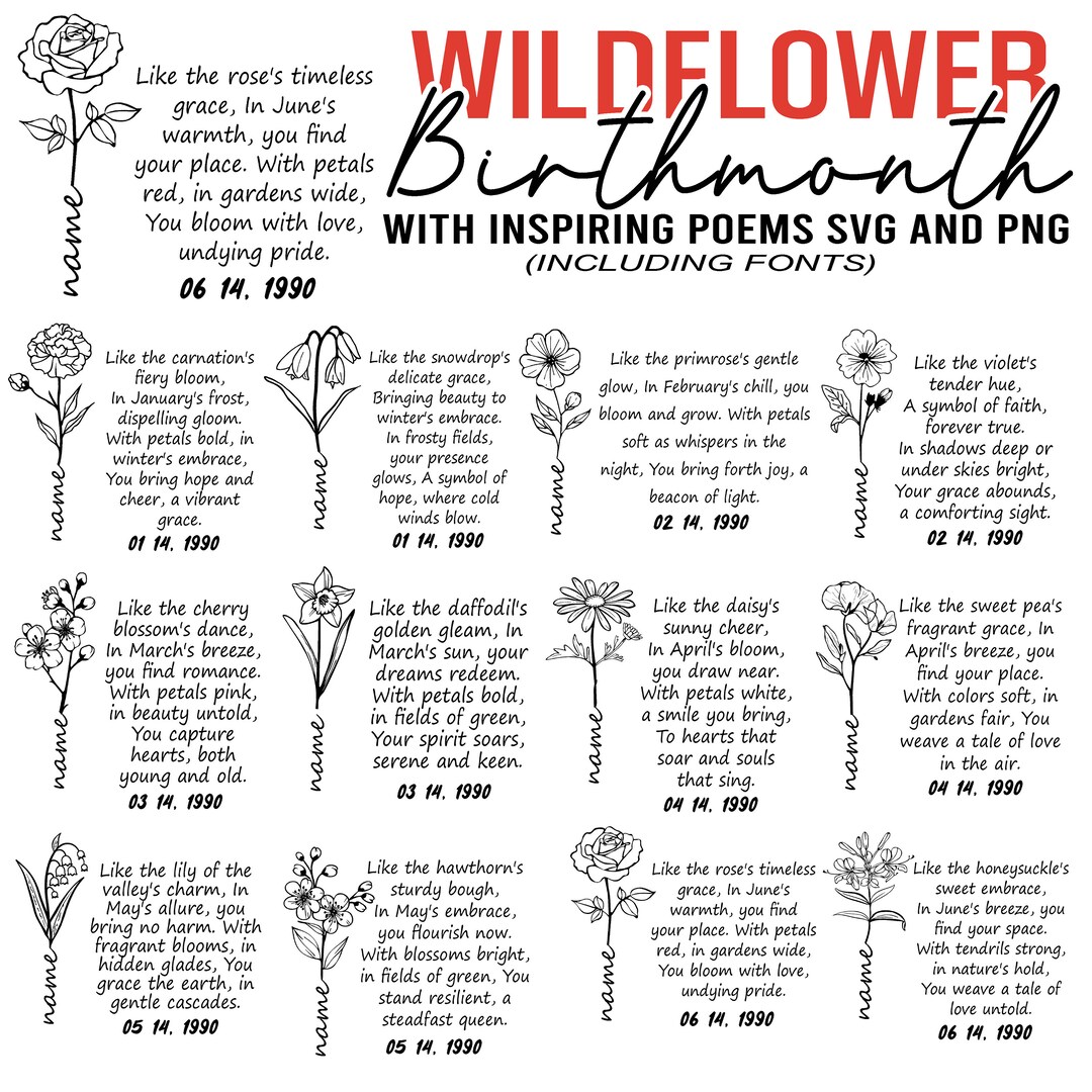 Wildflowers Birthmonth With Inspiring Poems SVG and PNG Bundle Graphics ...
