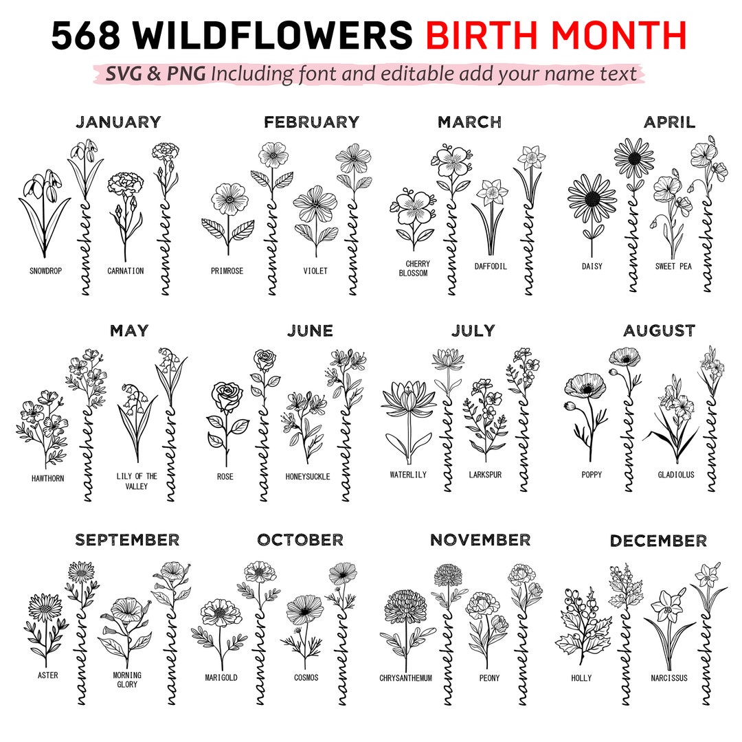 Wildflowers Birthmonth SVG, PNG Bundle 568 Graphics - Birth Month Wild ...