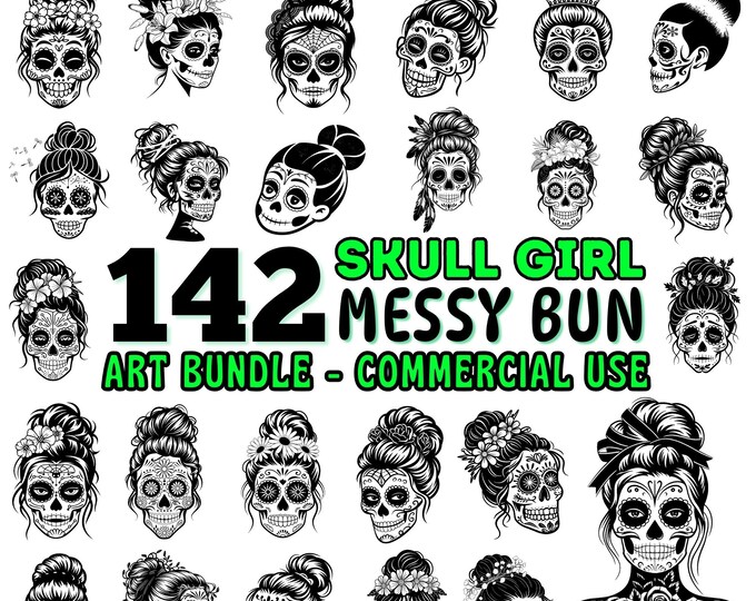 Messy Bun Girl Skull Heart Hands SVG Clipart & PNG Files, Skeleton, Mom ...