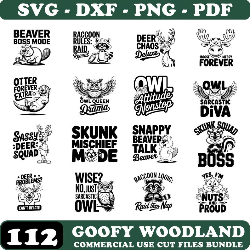 Goofy Woodland Svg Png Pdf & Dxf Bundle Funny Forest Animal Clipart ...