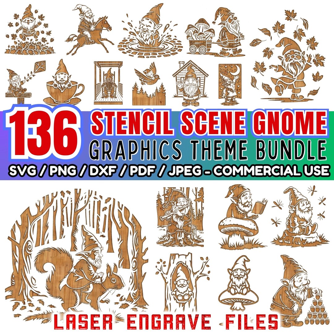 Engraving Gnome Svg Bundle | Laser Gnome Scene Stencils | Forest Gnome ...