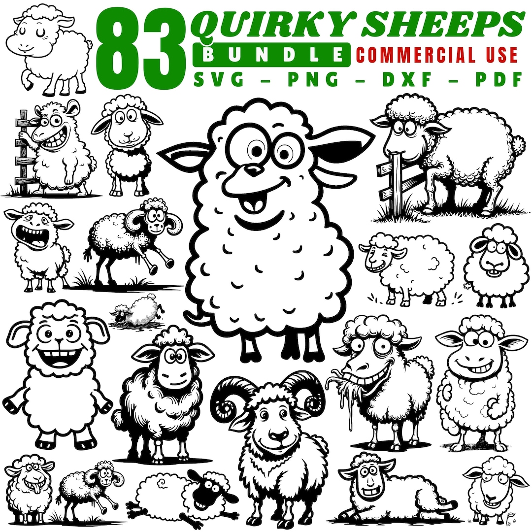 Quirky Sheep Svg Png Pdf & Dxf Bundle Funny Farm Animal Graphics for ...