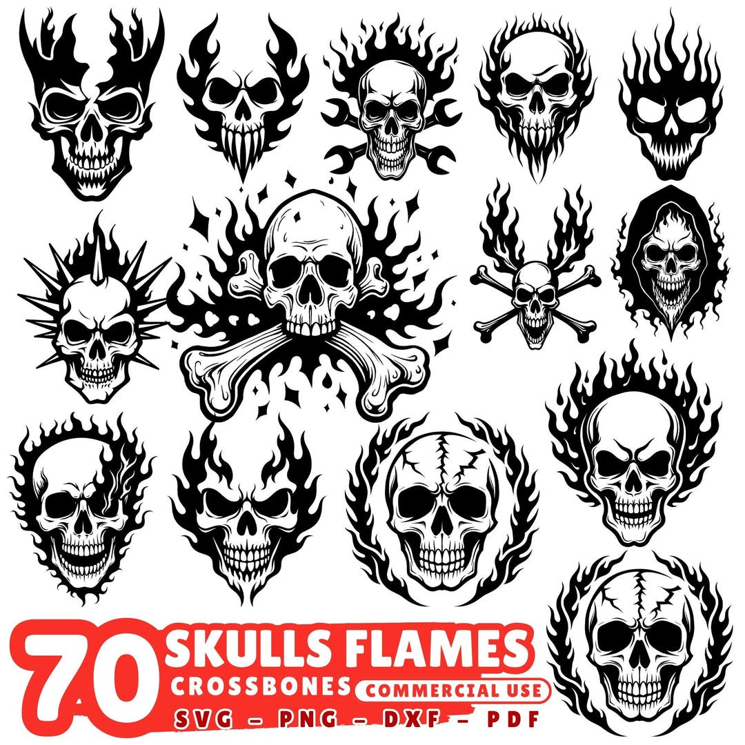 Skulls Flames Crossbones Art Svg Png Pdf & Dxf Bundle Bold Edgy Skull ...