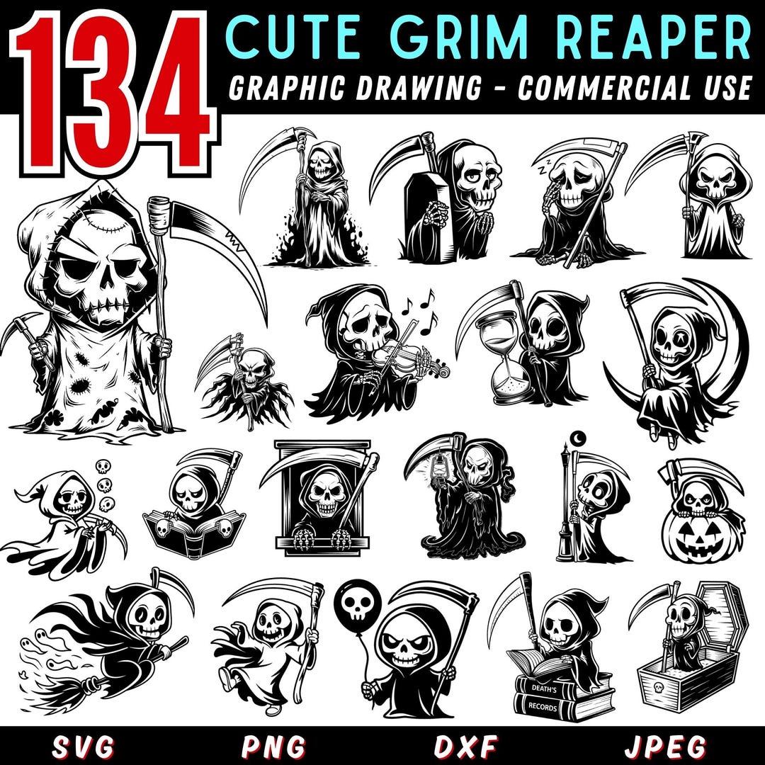 Cute Grim Reaper SVG Bundle | Cartoon Reaper Clipart | Halloween ...