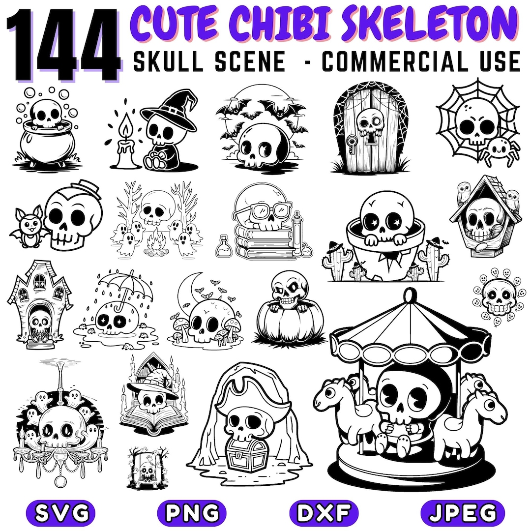 Cute Chibi Skeleton Skull Scene SVG Bundle | Kawaii Skull Cut Files ...
