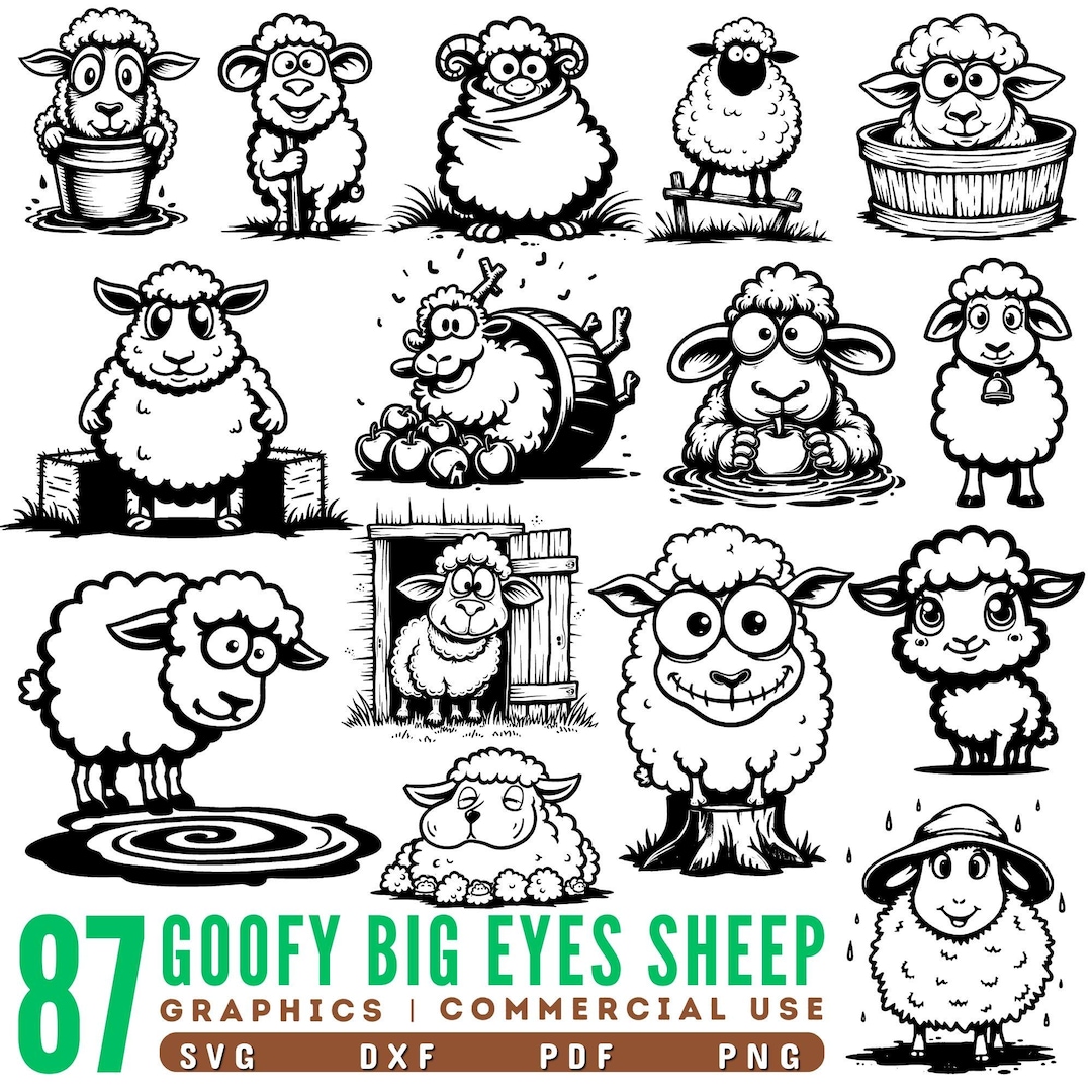 Goofy Big Eyes Sheep Svg Png Pdf & Dxf Bundle With Funny Cartoon Sheep ...