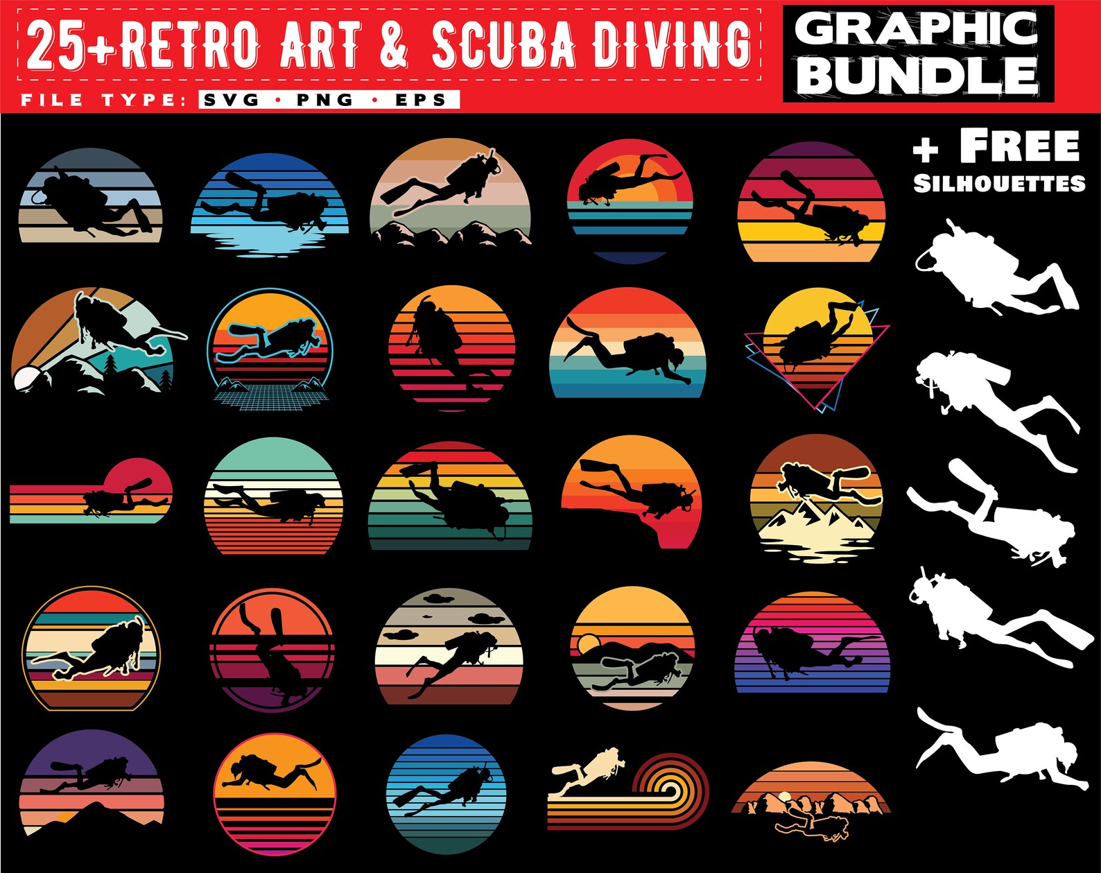Scuba Svg & Png Bundle With Vintage Retro Sunset Art and Ocean Diving ...