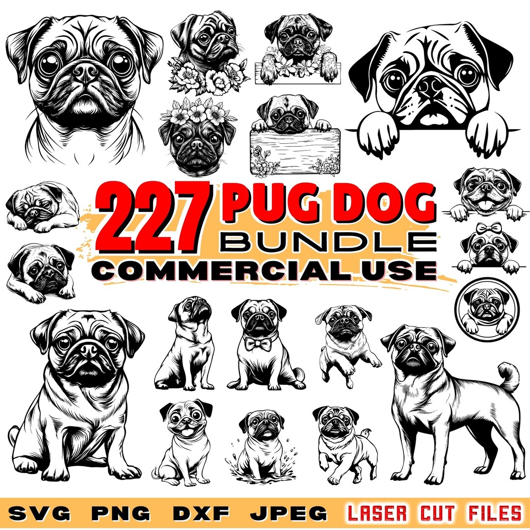 Pug Dog Laser Cut Files SVG DXF for Engraving Pug Silhouette Art ...