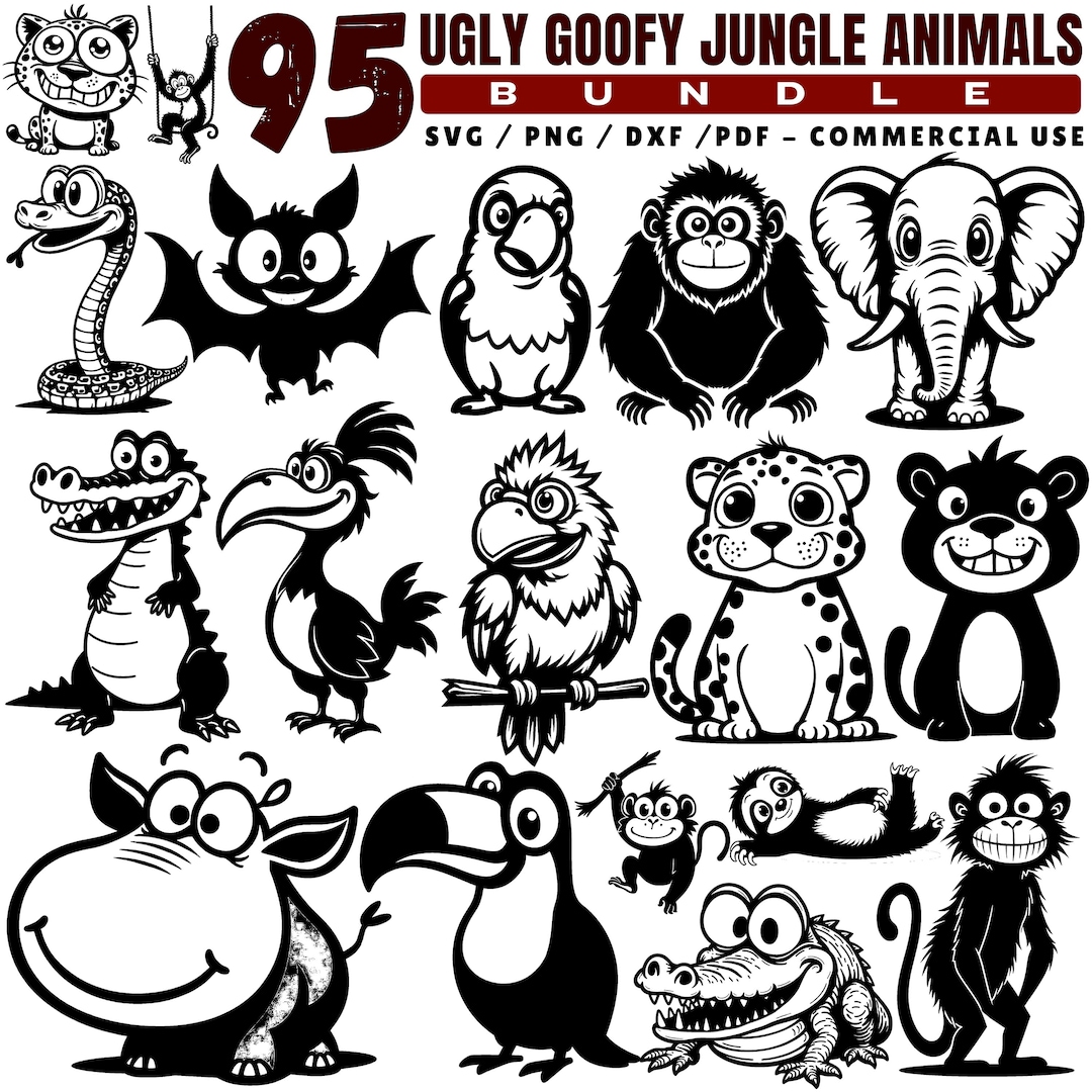 Ugly Goofy Jungle Animals Svg Png Pdf & Dxf Bundle Funny Wild Creature ...