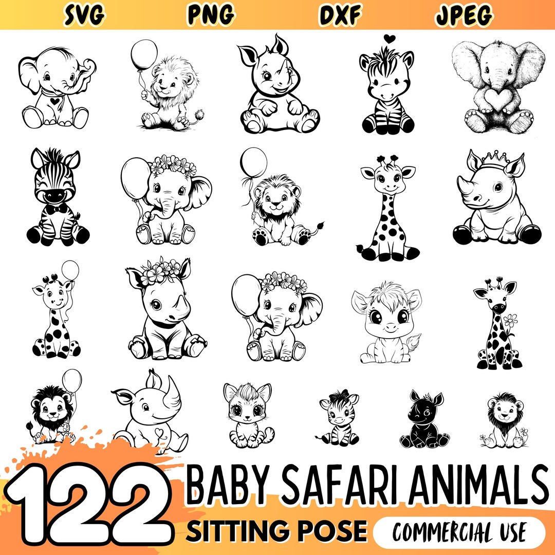 Safari Animals Baby Sitting SVG | Jungle Animals DXF Bundle | Cute ...