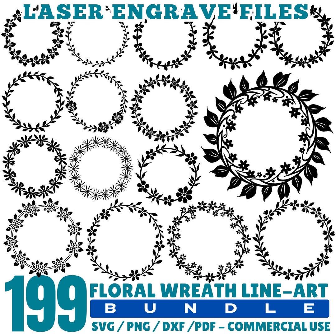 Laser Engrave Files Floral Wreath Line-art Svg Png Pdf & Dxf Bundle ...
