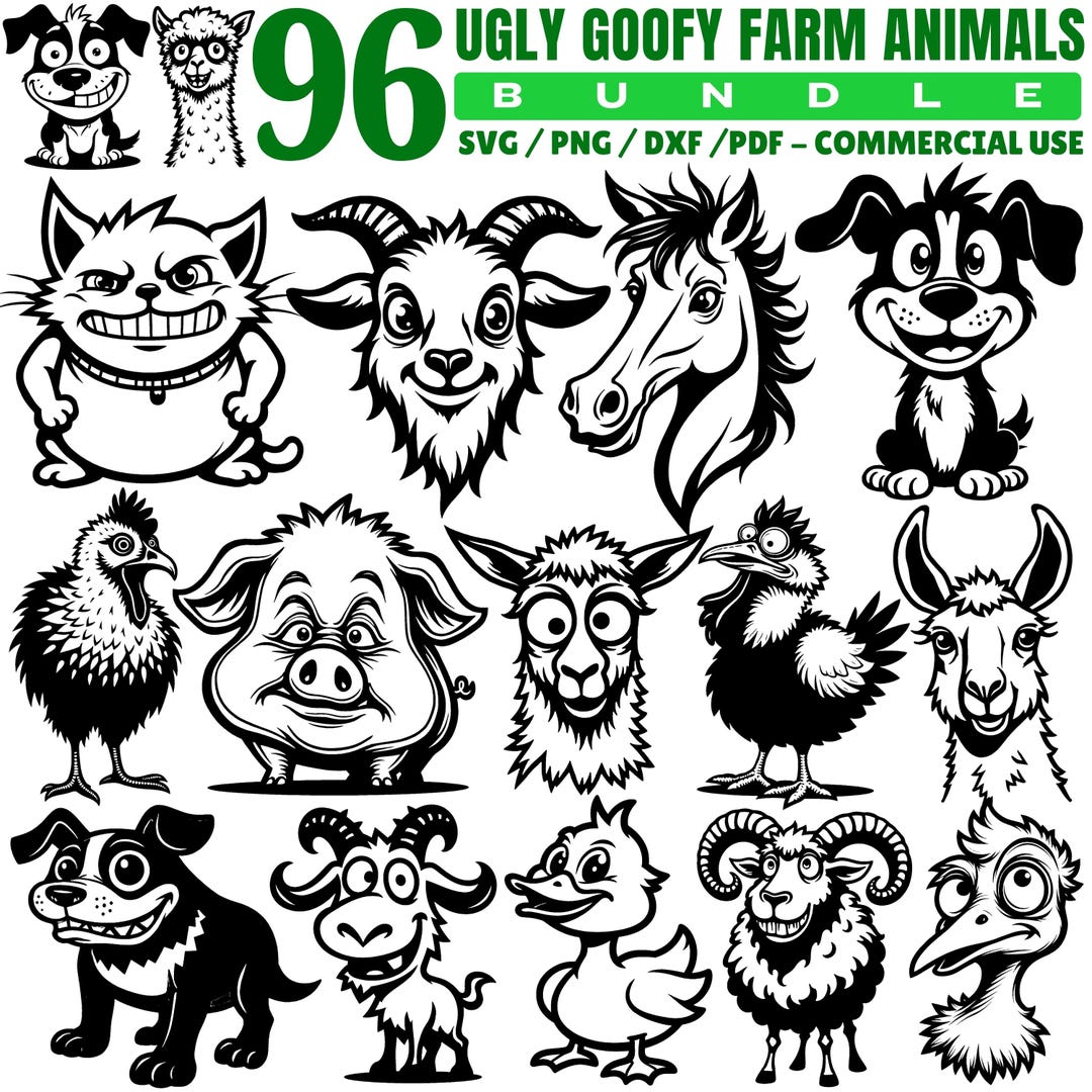 Ugly Goofy Farm Animals Svg Png Pdf & Dxf Bundle Funny Barnyard ...