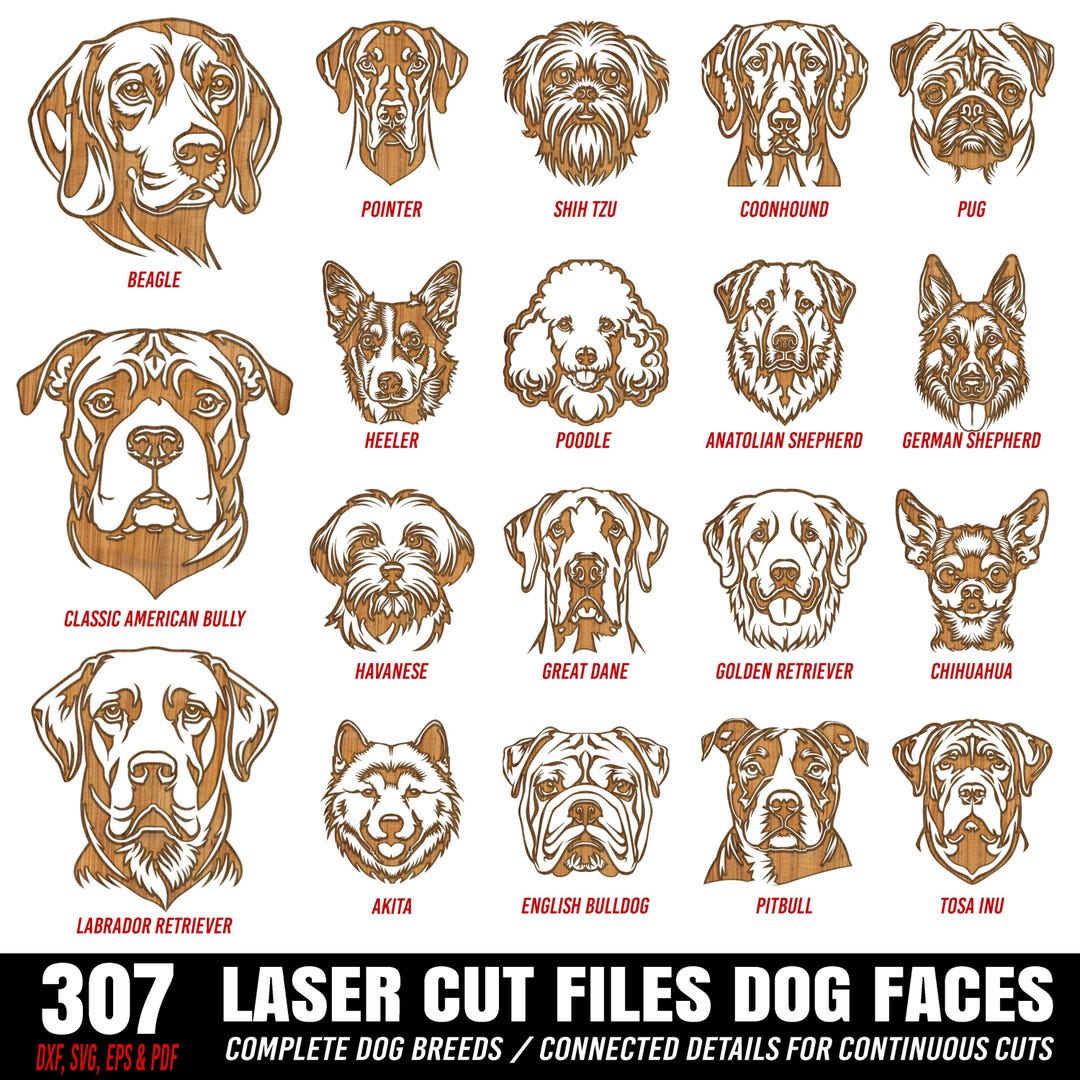 307 Laser Cut Bundle Dog Faces Complete Dog Breeds Dxf, Svg, Pdf, Eps ...